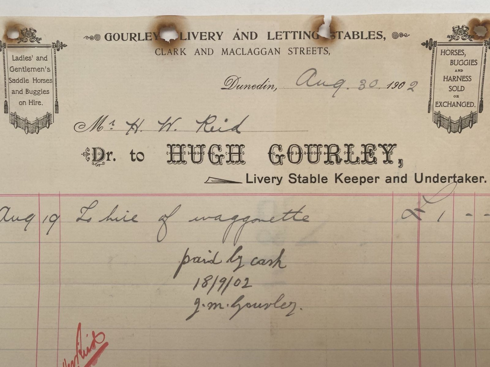 OLD INVOICE: Hugh Gourley - Stable Keeper & Undertaker, Dunedin 1902