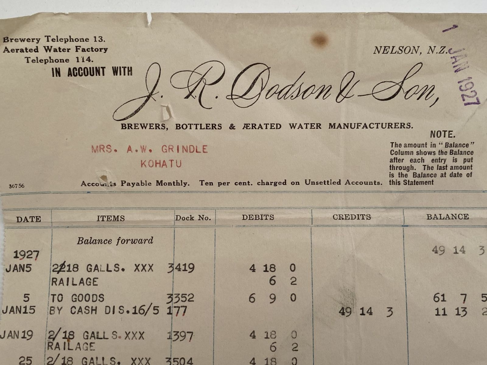 OLD INVOICE / RECEIPT: from J. R Dodson & Son - Brewers & Bottlers ...