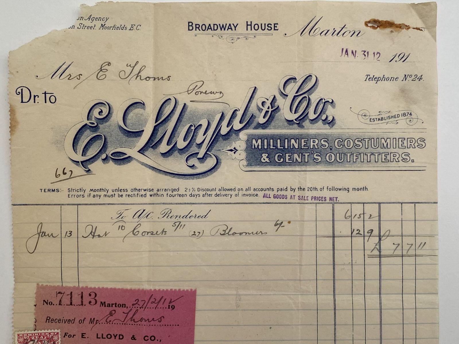 OLD INVOICE / RECEIPT: from E. Lloyds & Co - Gents Outfitters, 1912 ...