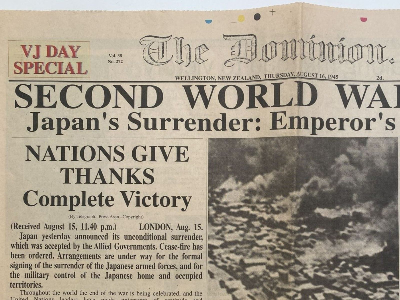 OLD WARTIME NEWSPAPER: The Dominion, Wellington 16 August 1945 - WW2 Ends