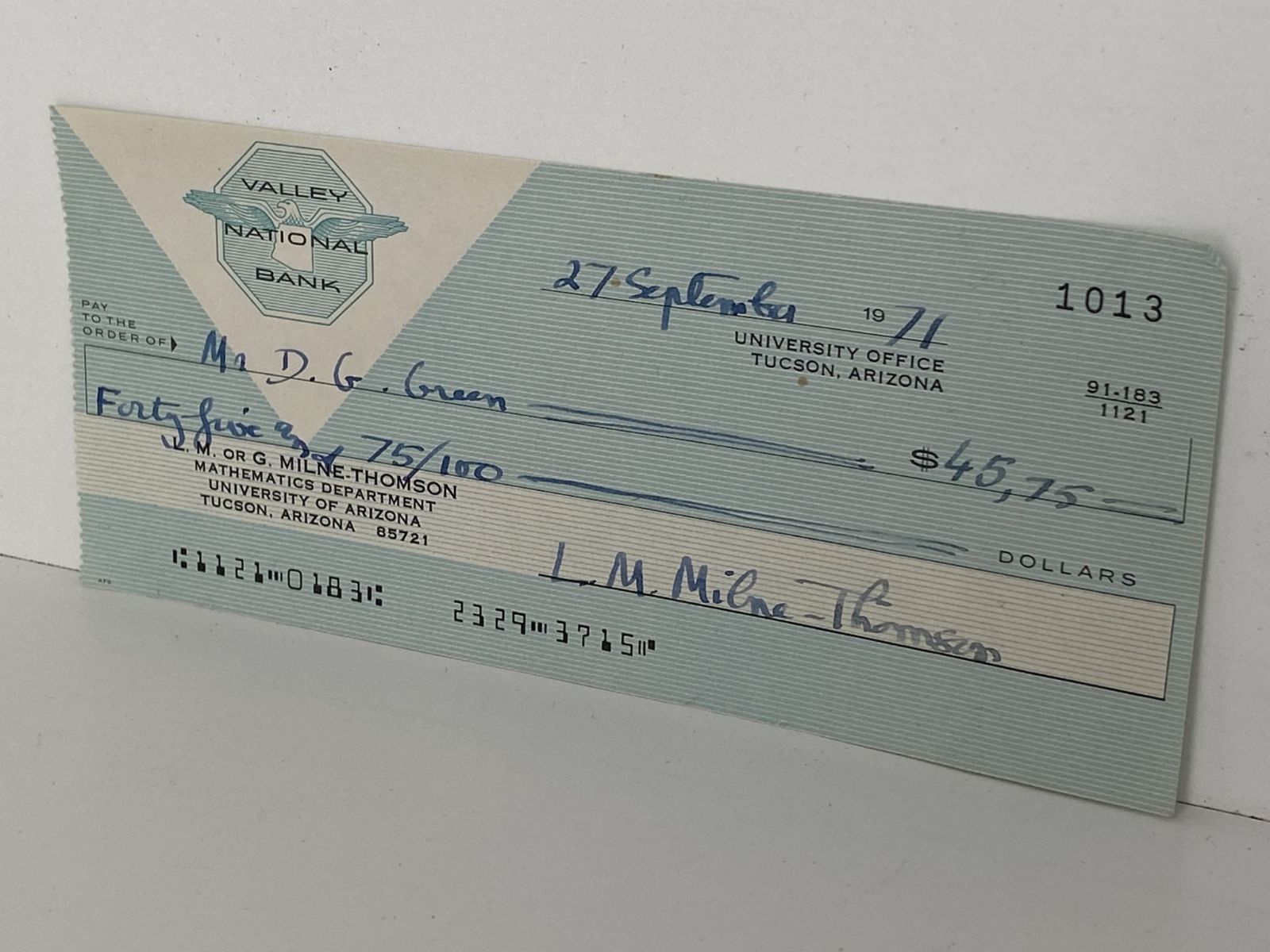 OLD BANKING MEMORABILIA Bank Cheque From Valley National Bank Arizona OLD BANKING MEMORABILIA Bank Cheque From Valley National Bank Arizona