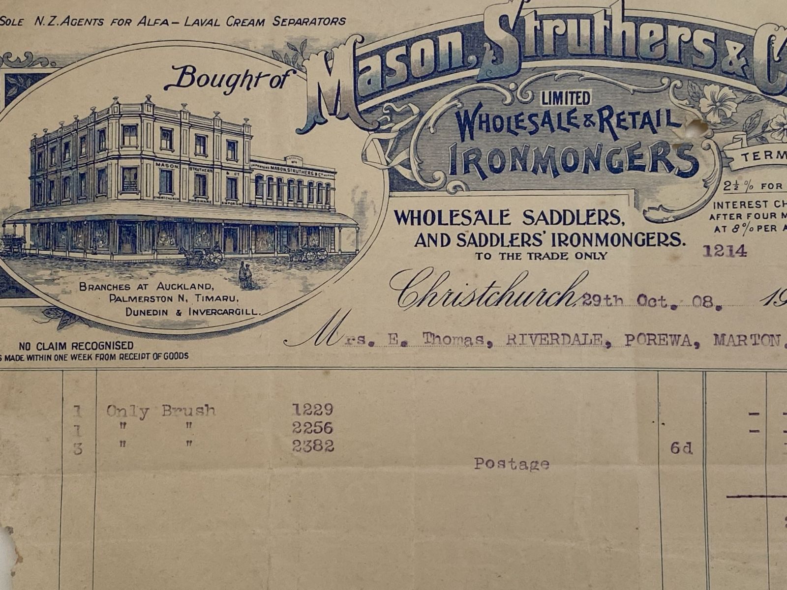 ANTIQUE INVOICE / RECEIPT: Mason, Struthers & Co. Ironmongers ...