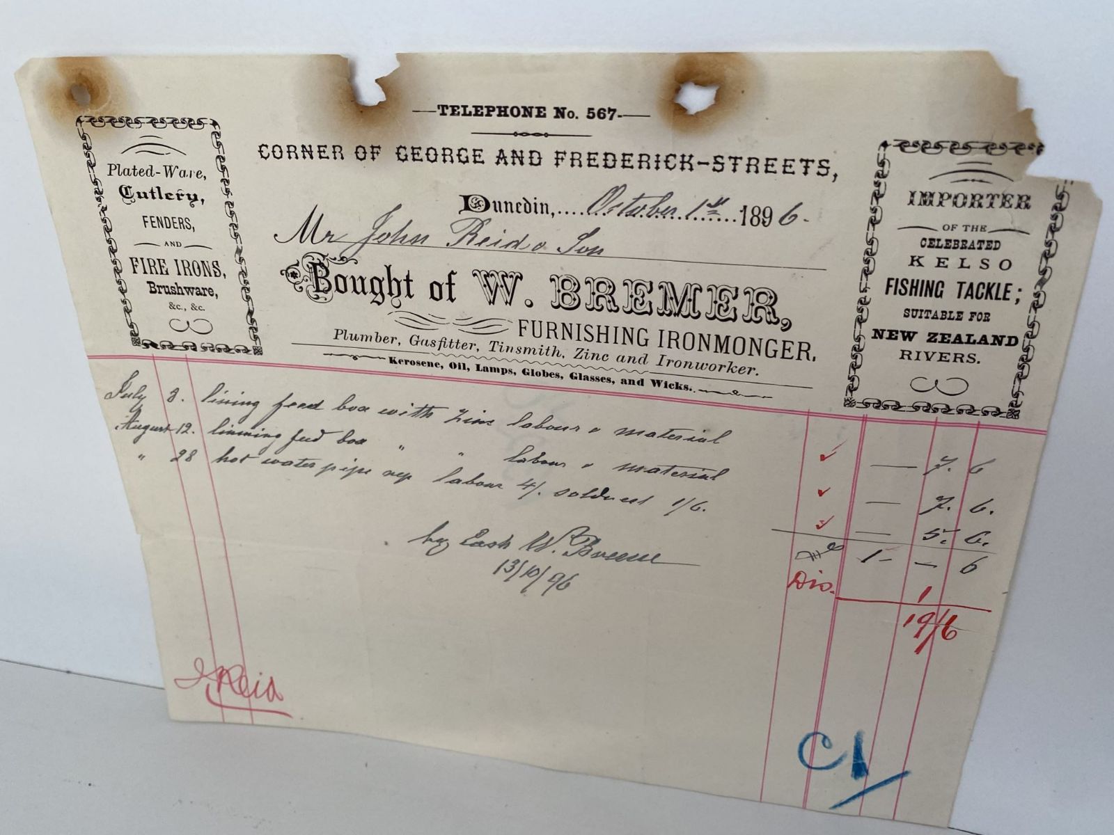 ANTIQUE INVOICE / RECEIPT: W. Bremer, Dunedin - Ironmonger 1896