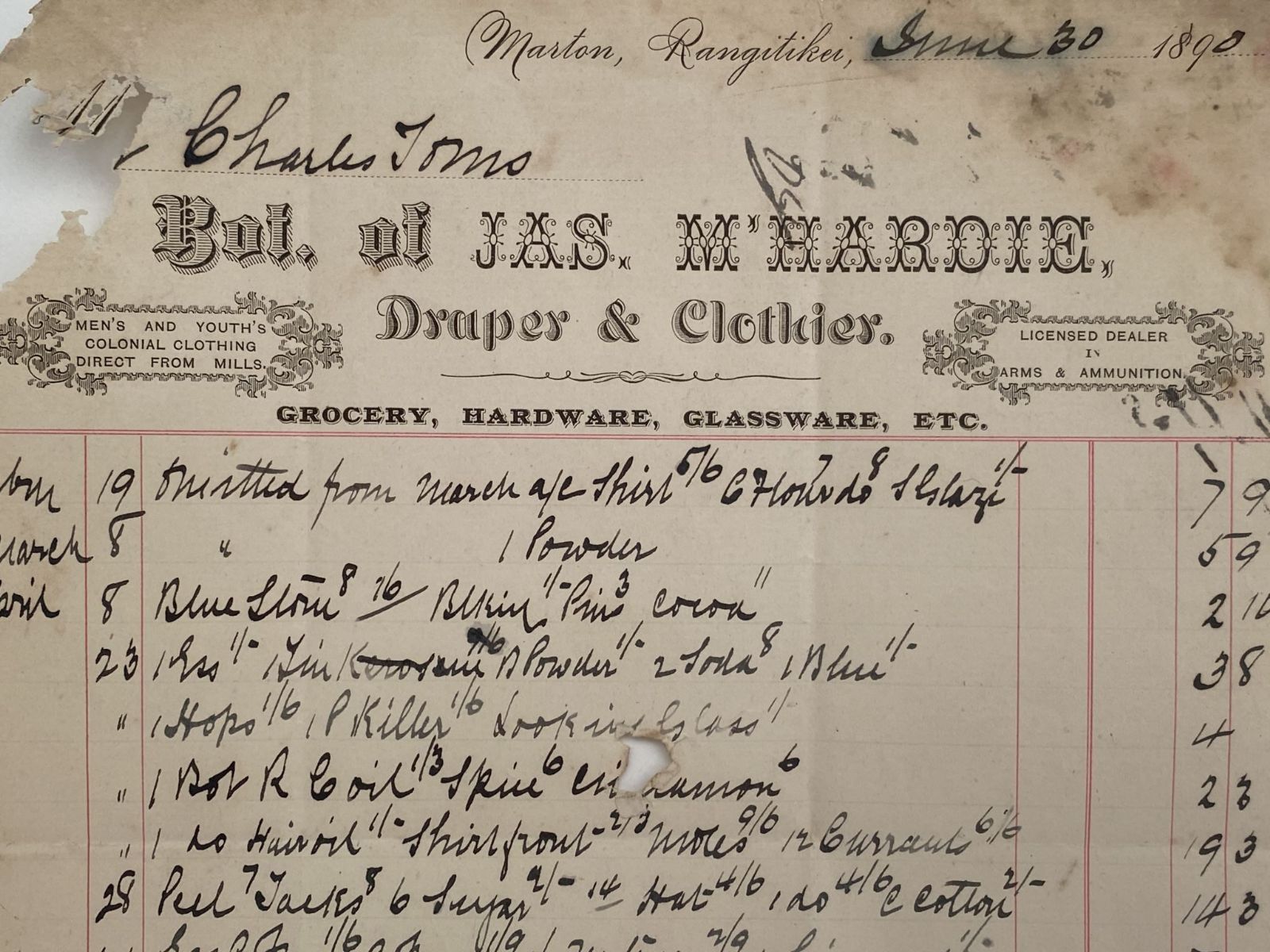 ANTIQUE INVOICE / RECEIPT: Jas. McHardie, Draper & Clothier, Marton 1890
