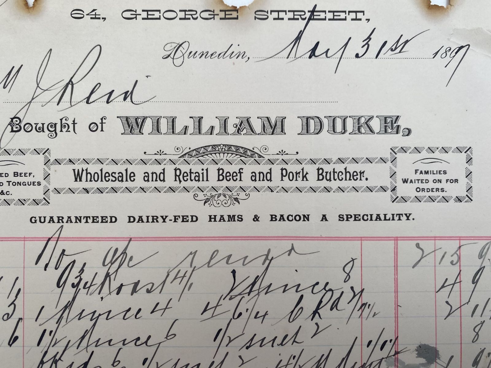 ANTIQUE INVOICE / RECEIPT: William Duke, Beef and Pork Butcher, Dunedin ...