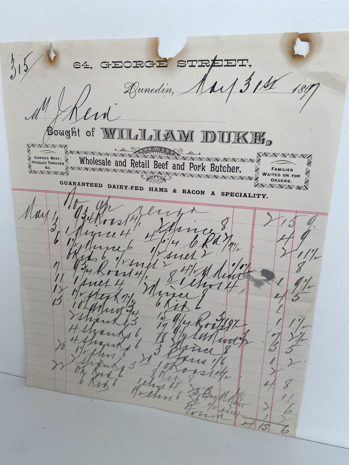 ANTIQUE INVOICE / RECEIPT: William Duke, Beef and Pork Butcher, Dunedin ...