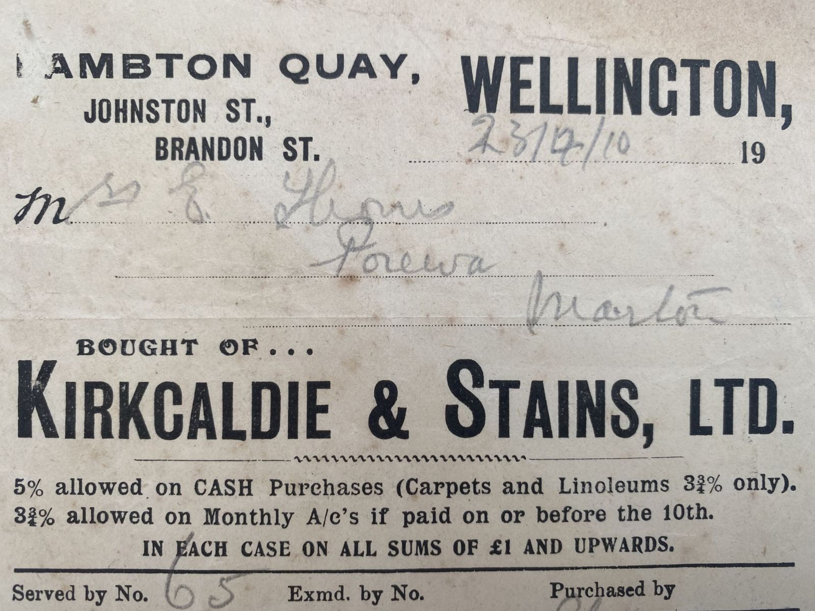 ANTIQUE INVOICE / RECEIPT: Kirkcaldie & Stains Ltd, Wellington 1910