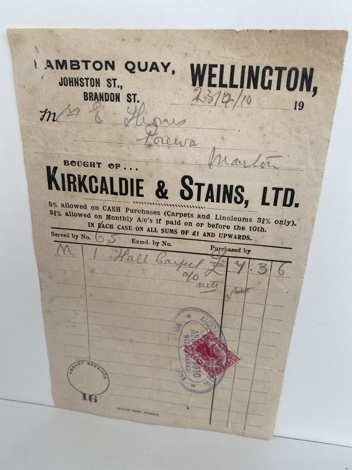 ANTIQUE INVOICE / RECEIPT: Kirkcaldie & Stains Ltd, Wellington 1910