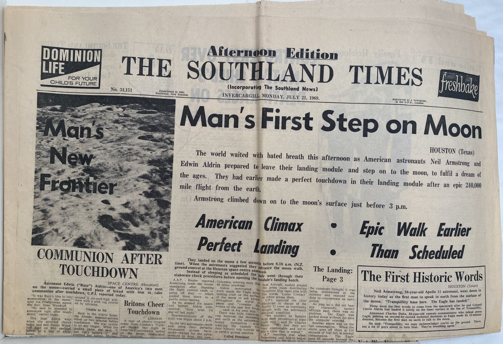 OLD NEWSPAPER: The Southland Times, 21 July 1969 - Moon Landing Special