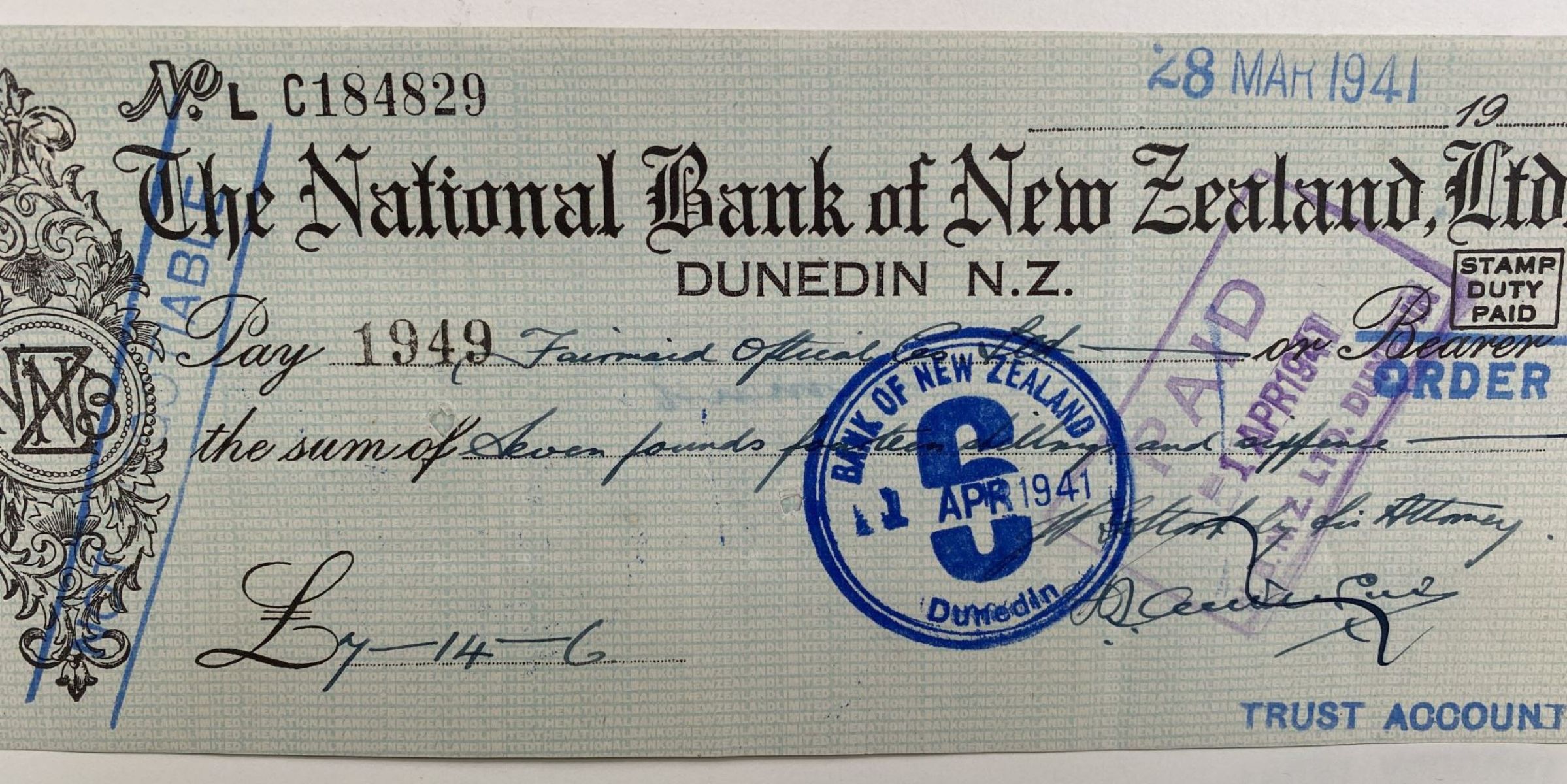 OLD BANKING MEMORABILIA National Bank Of New Zealand Cheque 1941