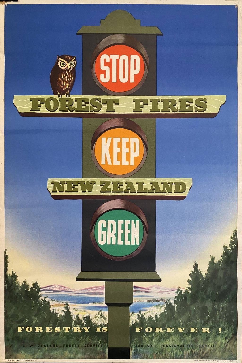 VINTAGE POSTER: New Zealand Forest Service / Stop Forest Fires
