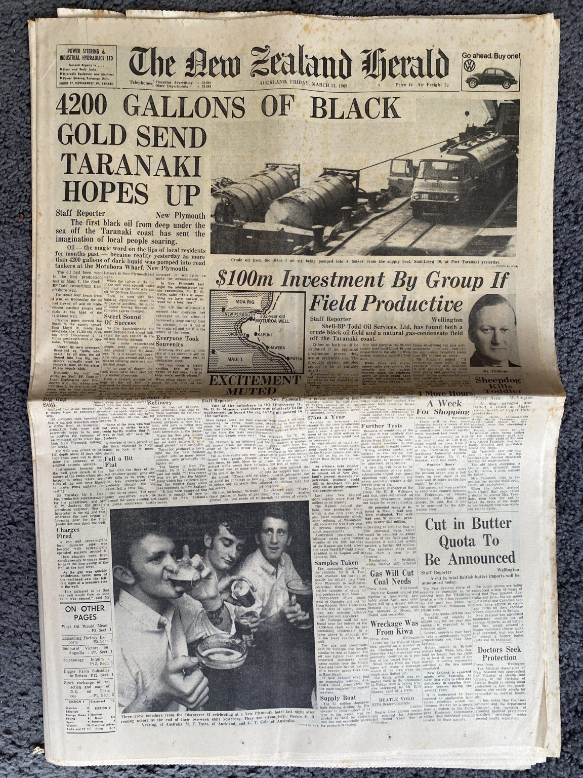 OLD NEWSPAPER: The New Zealand Herald, 21st March 1969 - Taranaki Oil Rigs